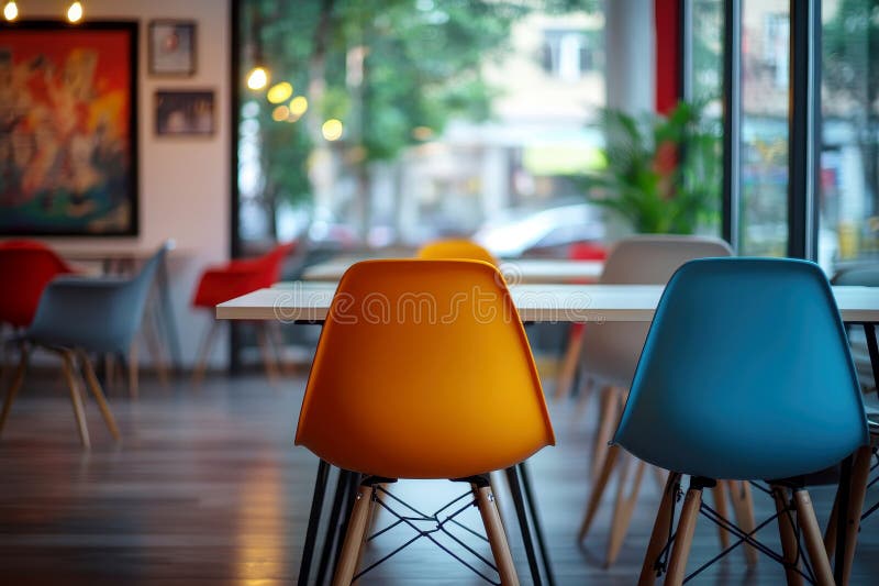 A Modern Cafe with Colorful Chairs and White Tables. Lounge Bar Stock ...