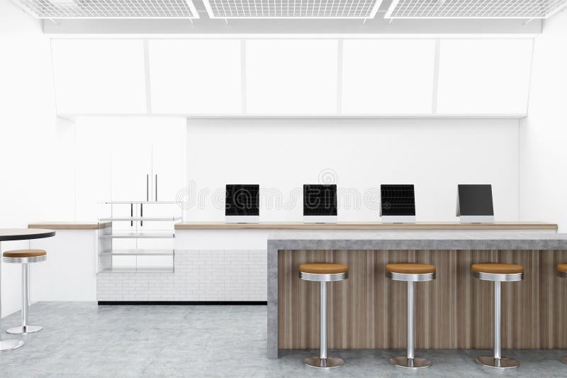 Modern Cafe with Computers and a Bar Stock Illustration - Illustration ...