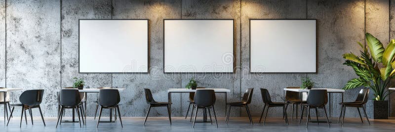 Modern Cafe Design with Blank Frames, Concrete Accent Wall, and Black ...