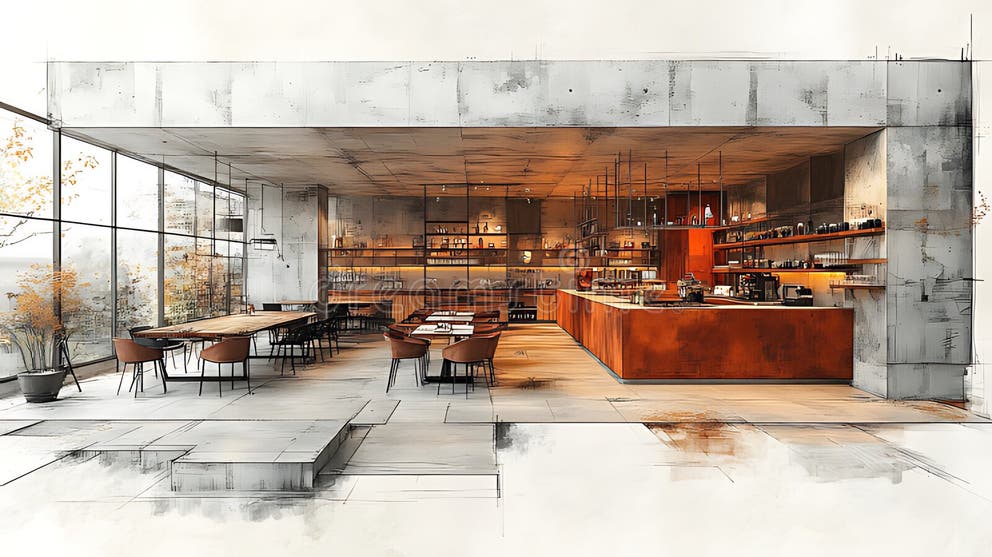 Modern Cafe Design Sketch, City View, Interior Rendering, Workspace ...