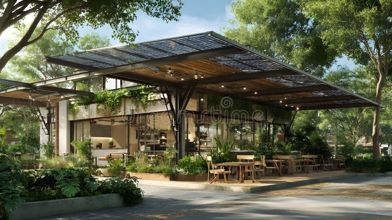 Modern Cafe Exterior with Solar Panel Canopy Surrounded by Lush ...