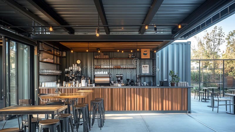 Modern Cafe Housed in a Repurposed Shipping Container with Clean. Stock ...