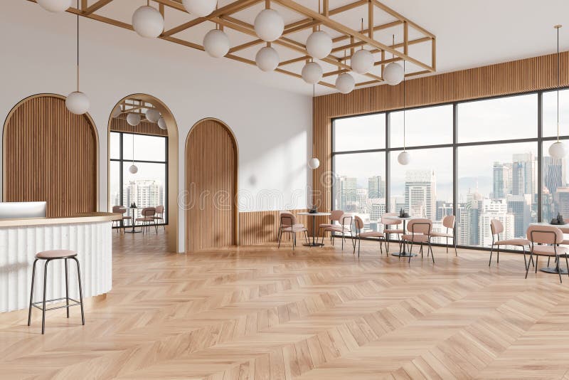 Modern Cafe Interior with Bar Counter and Dining Zone, Panoramic Window ...