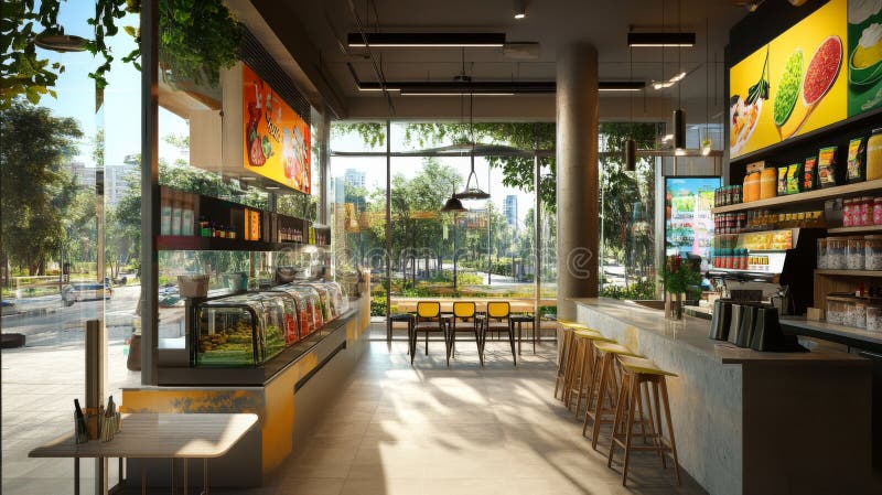 Modern Cafe Interior with Bar Seating, Glass Display Cases, and City ...