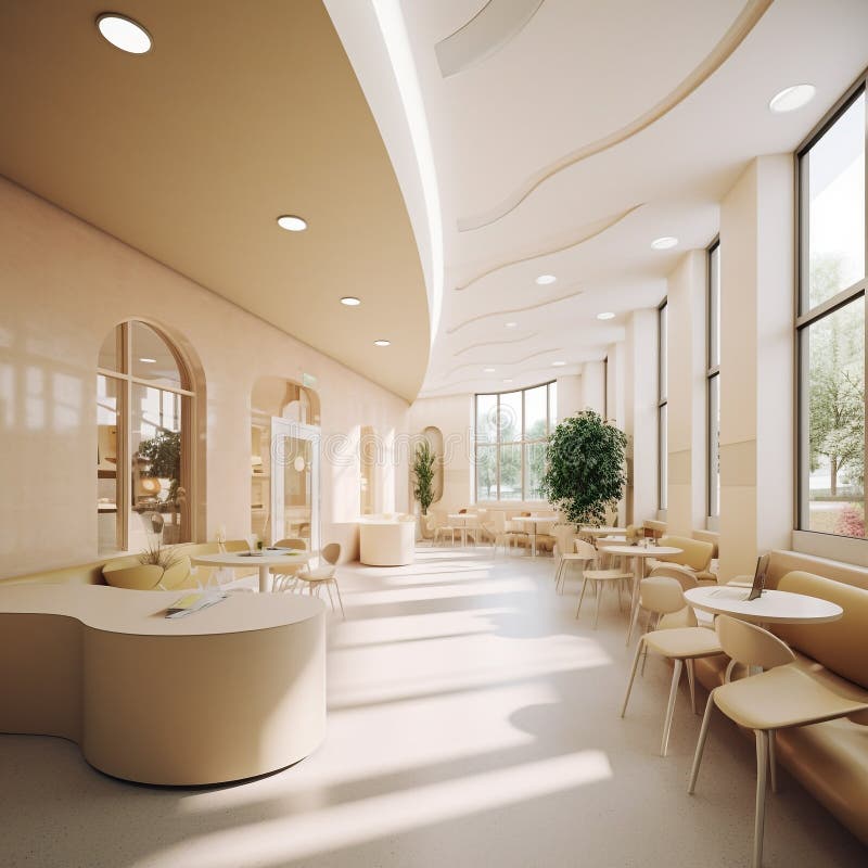 Modern Cafe Interior with Beige Walls, Tiled Floor, Rows of Tables and ...