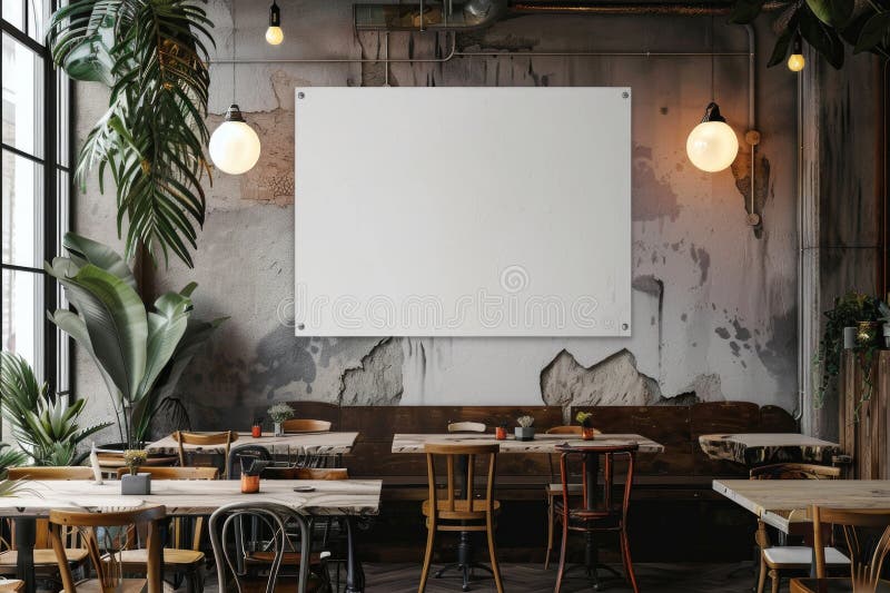 Modern Cafe Interior with Blank Art Canvas on Wall Stock Photo - Image ...