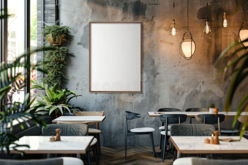Modern Cafe Interior with Blank Art Canvas on Wall Stock Image - Image ...
