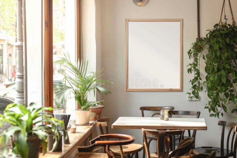 Modern Cafe Interior with Blank Art Canvas on Wall Stock Image - Image ...