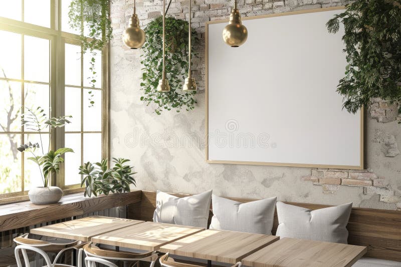 Modern Cafe Interior with Blank Art Frame and City View Stock Image ...
