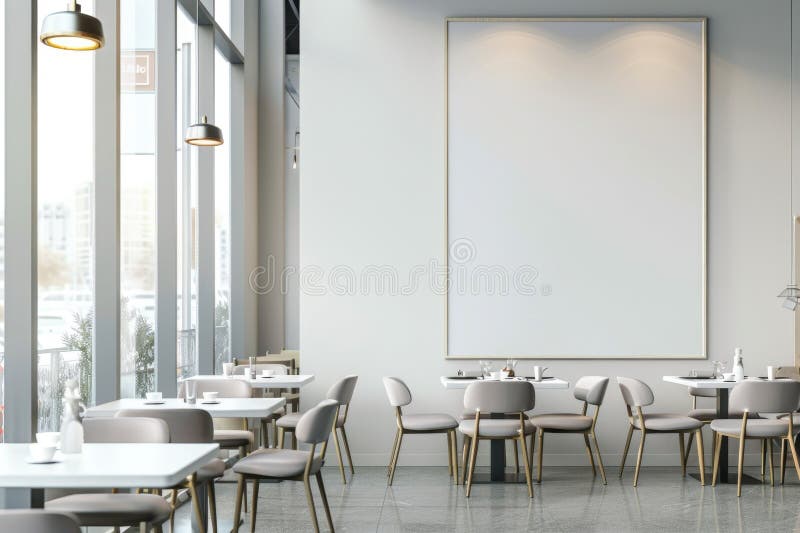 Modern Cafe Interior with Blank Art Frame and City View Stock Image ...