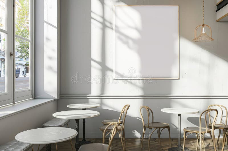 Modern Cafe Interior with Blank Art Frame and City View Stock Photo ...