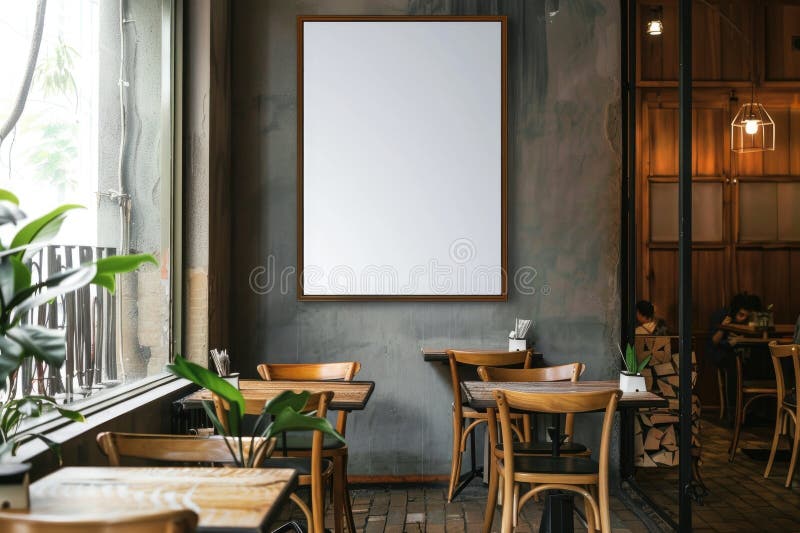 Modern Cafe Interior with Blank Art Frame and City View Stock Image ...