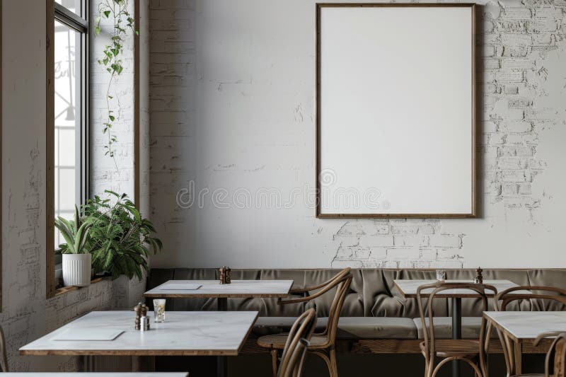 Modern Cafe Interior with Blank Art Frame and City View Stock Photo ...