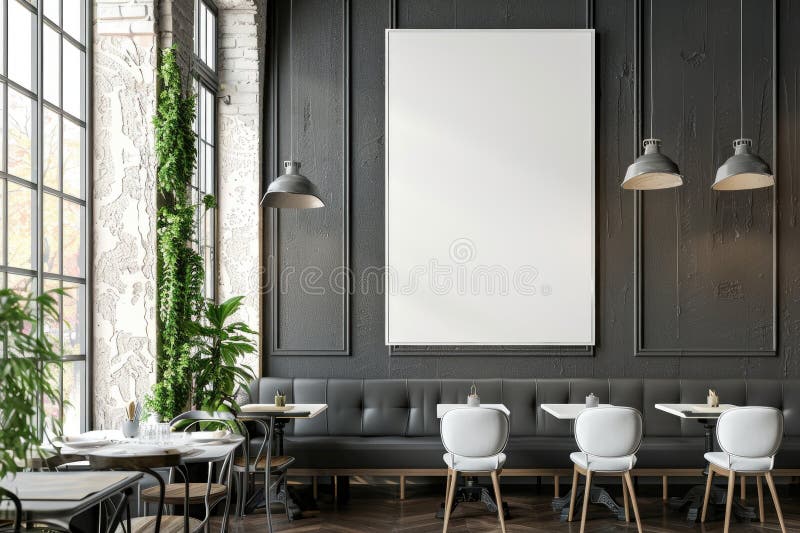 Modern Cafe Interior with Blank Art Frame and City View Stock Image ...