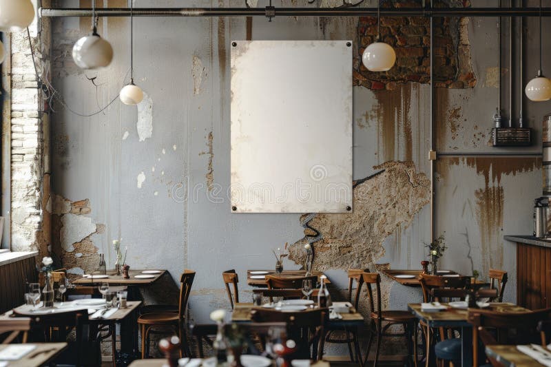Modern Cafe Interior with Blank Frame on Concrete Wall Stock Image ...