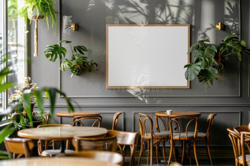 Modern Cafe Interior with Blank Frame on Concrete Wall Stock Photo ...