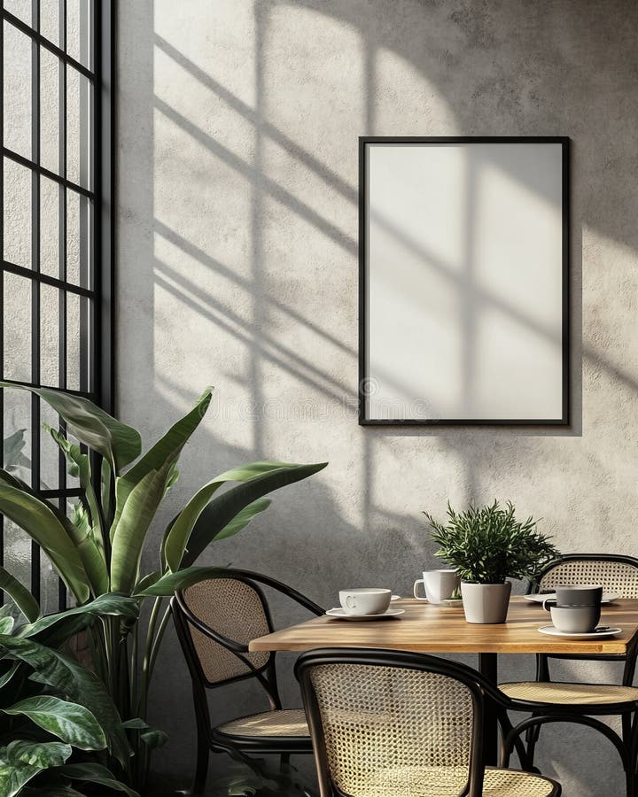 Modern Cafe Interior with Blank Frame Mockup, Plants and Sunlight ...