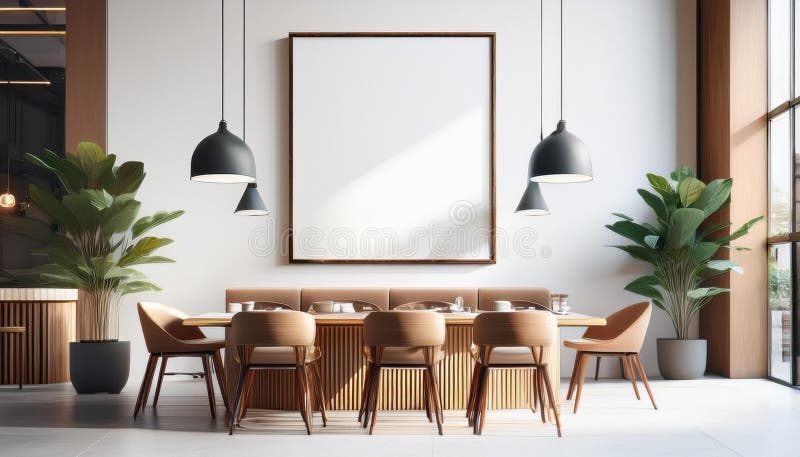 Modern Cafe Interior with Blank Framed Poster on White Wall. 3D ...