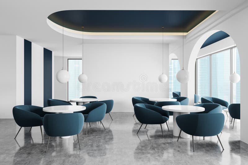 Modern Cafe Interior with Blue Chairs and Round Tables. 3D Rendering ...