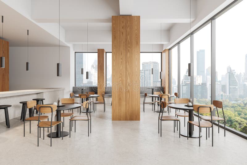White Cafeteria Interior with Bar Counter and Dining Space, Panoramic ...