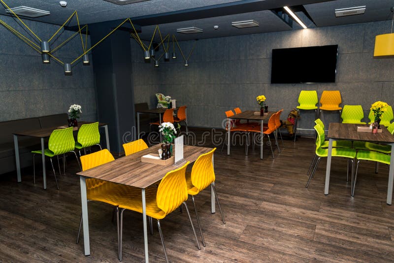 Modern Cafe Interior, Colorful Table and Chairs Stock Photo - Image of ...