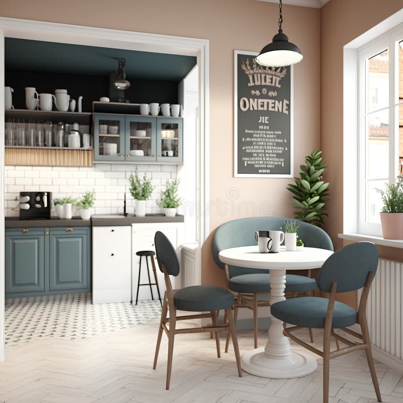 Modern Cafe Interior Design with Blue Chairs and Table, 3d Render Stock ...