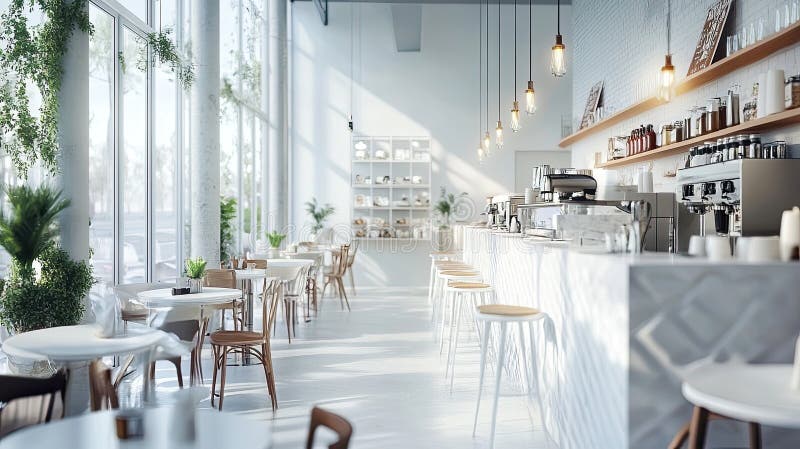 Modern Cafe Interior Design. Bright and Airy Space with Marble Counter ...