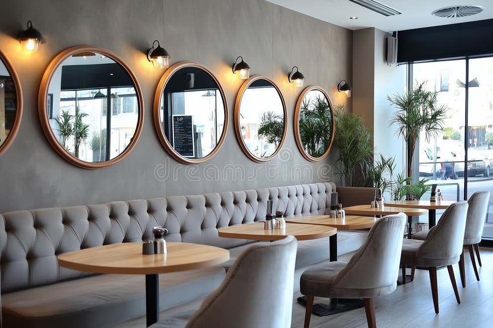 Modern Cafe Interior Design with Mirrors on the Wall Ai Photo Stock ...
