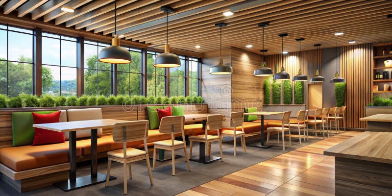 Modern Cafe Interior Design with Wooden Accents, 3D Rendering, Cafe ...