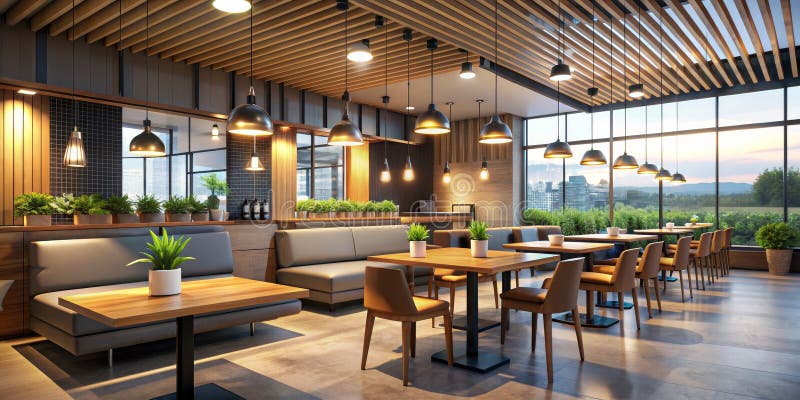 Modern Cafe Interior Design with Wooden Ceiling and City View, Cafe ...