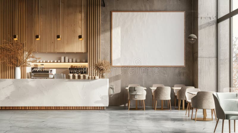 Modern Cafe Interior with Empty Frame and White Marble Counter Stock ...