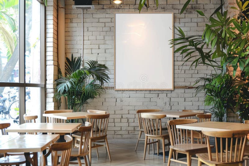 Modern Cafe Interior with Empty Frames on White Brick Wall Stock Image ...
