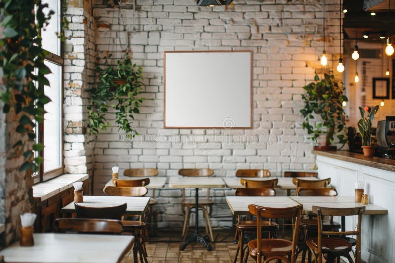 Modern Cafe Interior with Empty Frames on White Brick Wall Stock Image ...