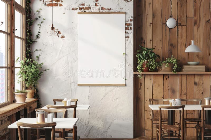 Modern Cafe Interior with Empty Frames on White Brick Wall Stock Photo ...