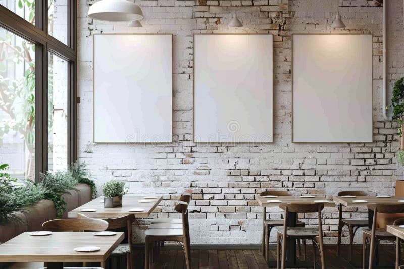 Modern Cafe Interior with Empty Frames on White Brick Wall Stock Photo ...