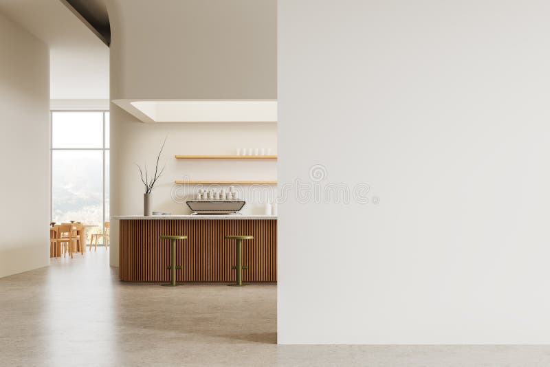 Cafe Interior with Empty Wall, Wooden Counter, and Natural Light ...