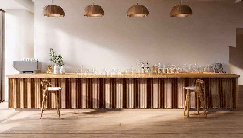 Modern Cafe Interior with Empty Wall, Wooden Counter, and Natural Light ...