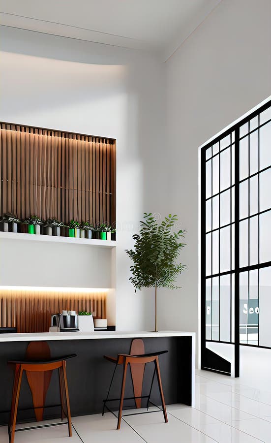 Modern Cafe Interior with Empty White Wall, Wooden Counter and Natural ...