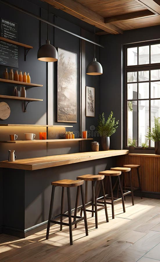 Modern Cafe Interior with Empty White Wall, Wooden Counter and Natural ...