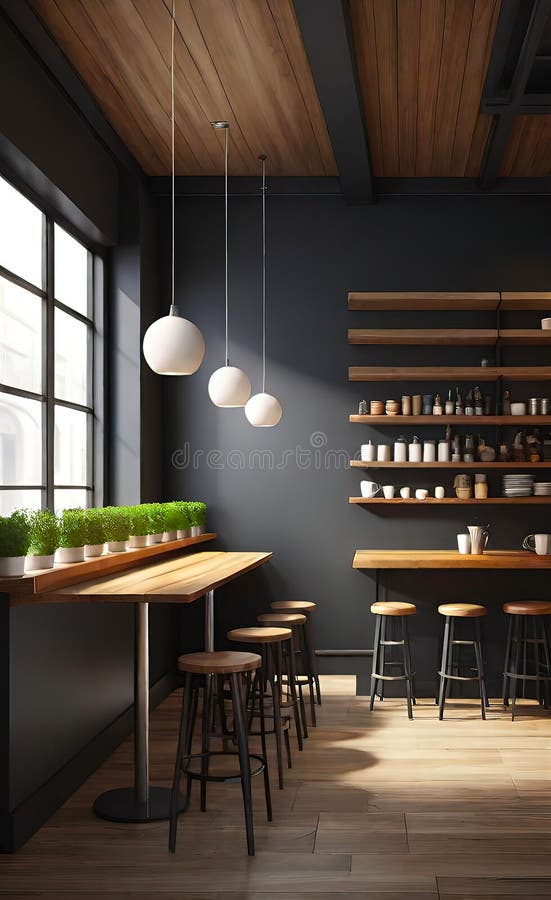 Modern Cafe Interior with Empty White Wall, Wooden Counter and Natural ...