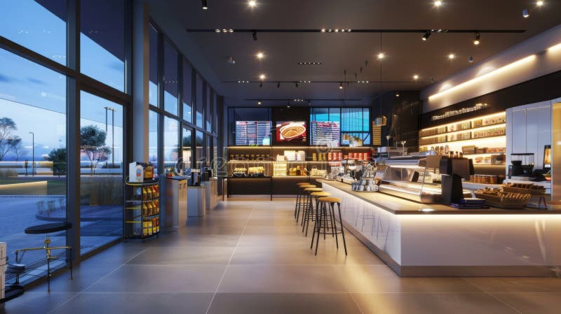 Modern Cafe Interior with Evening View Stock Image - Image of seating ...