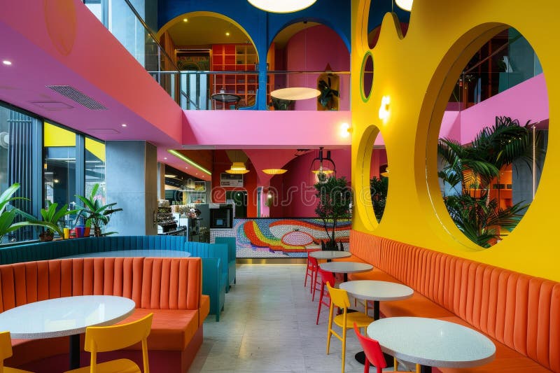 A Modern Cafe Interior Featuring Bold Colors, Asymmetrical Shapes, and ...