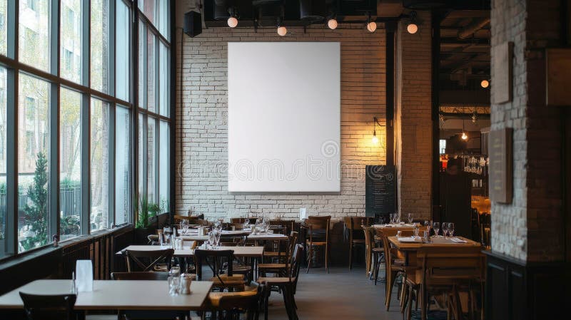 Modern Cafe Interior Featuring Brick Walls, Large Windows, and a Blank ...