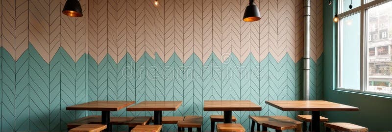 Modern Cafe Interior with Geometric Patterns and Wooden Tables Stock ...
