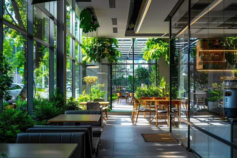 Modern Cafe Interior with Greenery and Natural Light. Generative Ai ...