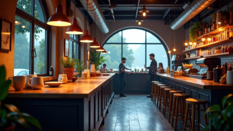 Modern Cafe Interior with Large Window and Bar Stock Illustration ...