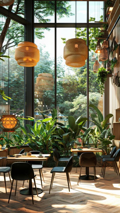 Modern Cafe Interior with Large Windows and Lush Greenery, Natural ...