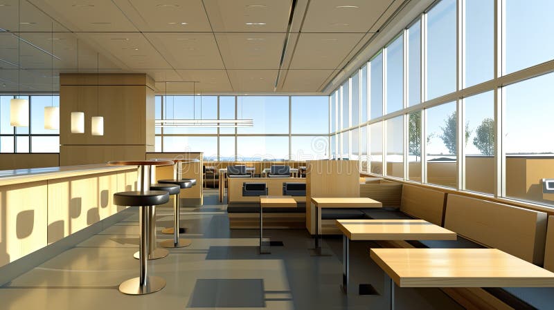 A Modern Cafe Interior with Large Windows, Wood Tables, and Bar Stools ...