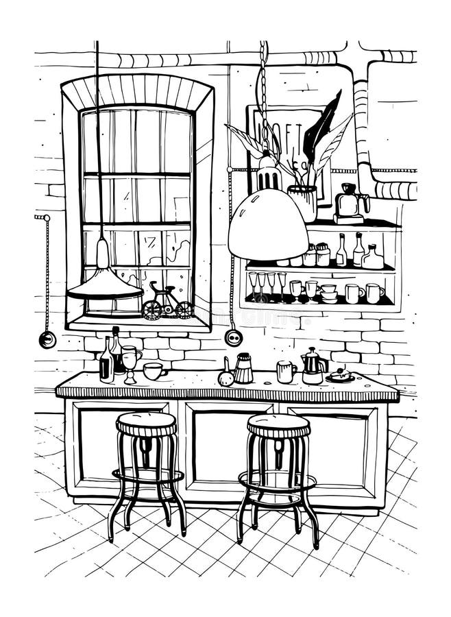 Modern Cafe Interior in Loft Style. Hand Drawn Sketch Illustration ...