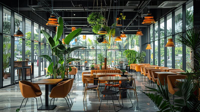 Modern Cafe Interior with Lush Greenery Stock Illustration ...